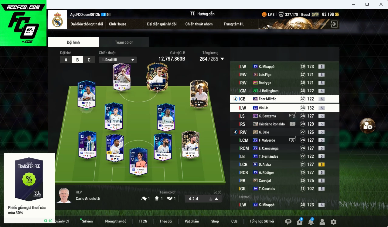 Acc #72445: Real Madrid 12.790b có Vini 23UCL, CR7 TS24, Mbappé 23UCL, Camavinga CU, Militao CU ...